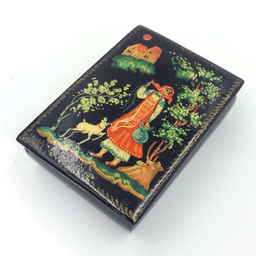 Russian Hand Painted Lacquered Box Lady With Dog - Clyde on 4th ...