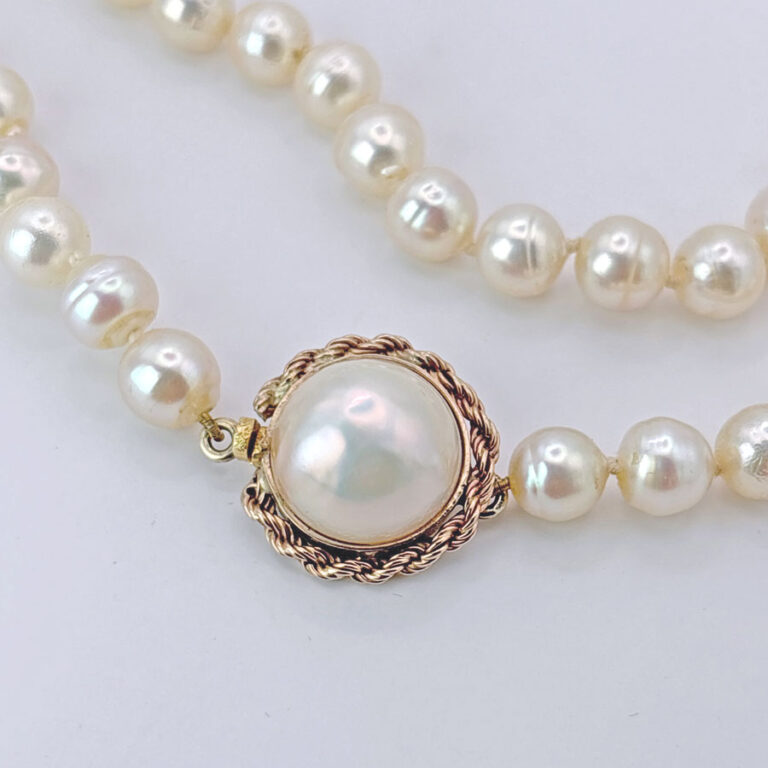 Elegant Opera Length Pearl Necklace with 18ct Gold Clasp - Clyde on 4th ...
