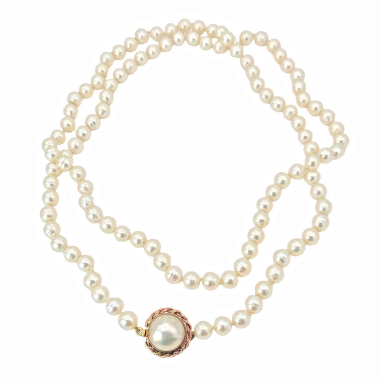 Elegant Opera Length Pearl Necklace with 18ct Gold Clasp - Clyde on 4th ...
